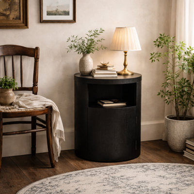 Yori Round Black Bedside Cabinet with 1 Door and Open Shelf