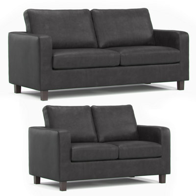 York Black Faux Leather Boxed Arm Sofa Suite 3 + 2 Sofas
