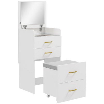 Yova White Compact Dressing Table and Stool Set with Storage and Mirror