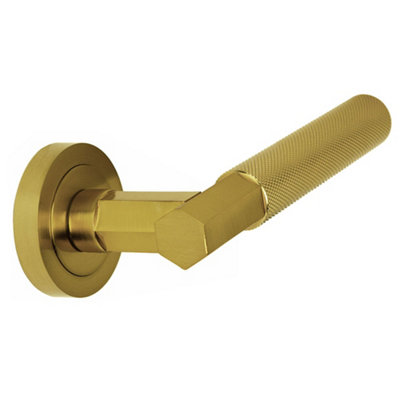 Z751 Hexagon Knurled Lever Rose Door Handles in Satin Brass - Handlestore