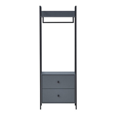 Zahra Open Wardrobe with 2 Drawers In Dark Grey With Metal Frame