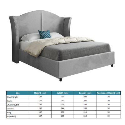 Zampa Curved Top Curved Winged Upholstered Soft Velvet Bed Frame - Grey