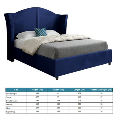 Zampa Curved Top Curved Winged Upholstered Soft Velvet Blue Bed Frame