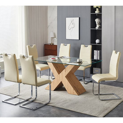 Zanti Glass Dining Table In Oak Base 6 Petra Cream Chairs | DIY at B&Q