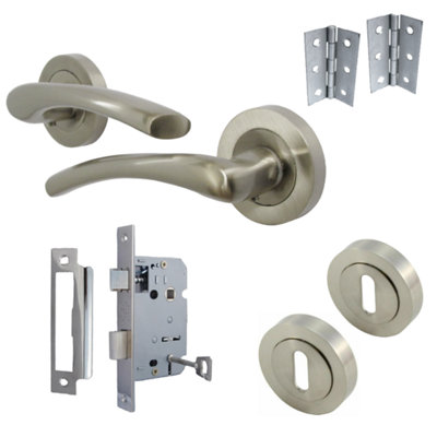 Zena Door Handle Lock Key Set Modern Design Satin Nickel Lever on Rose ...
