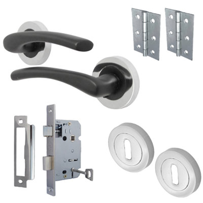 Zena Door Handle Lock Key Set Modern Matt Black Lever on Chrome Rose ...