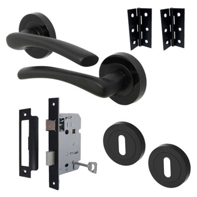 Zena Door Handle Lock Key Set Modern Matt Black Lever on Nickel Rose ...