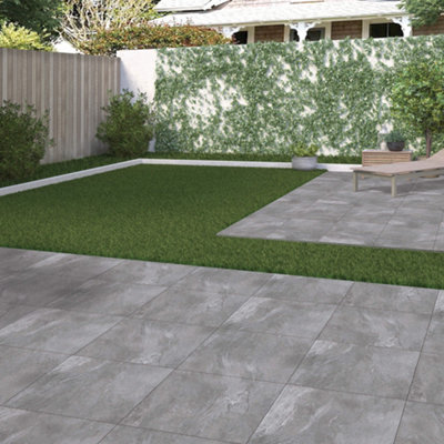 Zenith Grey Matt Stone effect porcelain outdoor Floor Tile, Pack of 2 ...