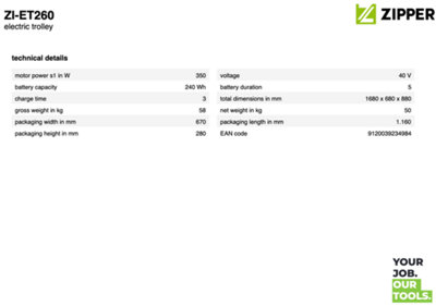 Zipper ET260 Powered Electric Trolley 260kg Battery Sack Truck - 350w ...