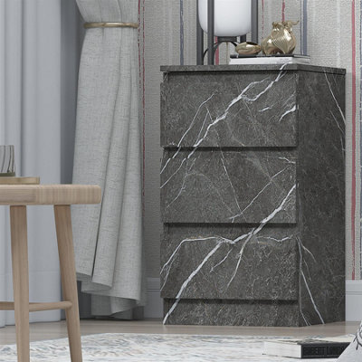ZITA Grey Marble Effect 3 Drawer Bedside Table - Modern Nightstand, (L ...