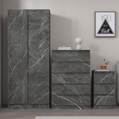 ZITA Grey Marble Effect 3 Piece Set - 2 Door Wardrobe, 5 Drawer Chest ...