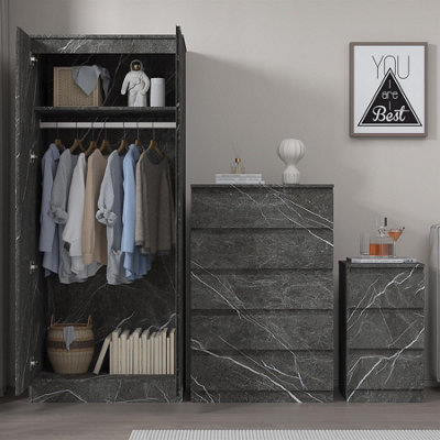 ZITA Grey Marble Effect 3 Piece Set - 2 Door Wardrobe, 5 Drawer Chest ...