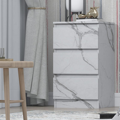 ZITA White Marble Effect 3 Drawer Bedside Table - Modern Nightstand, (L ...