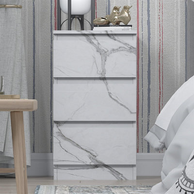 ZITA White Marble Effect 3 Drawer Bedside Table - Modern Nightstand, (L ...