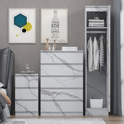 ZITA White Marble Effect 3 Piece Bedroom Set - 1-Door Wardrobe, Chest ...