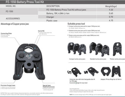 Zupper LxT Press PZ1550 18v Battery Powered Press Tool 15-54 Jaws + Kit