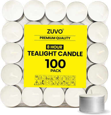 Zuvo Tea Light Candles 100 Pack 8 Hour Burn Unscented White 3.8cm x 2 ...
