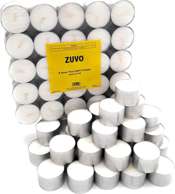 Zuvo Tea Light Candles 100 Pack 8 Hour Burn Unscented White 3.8cm x 2 ...